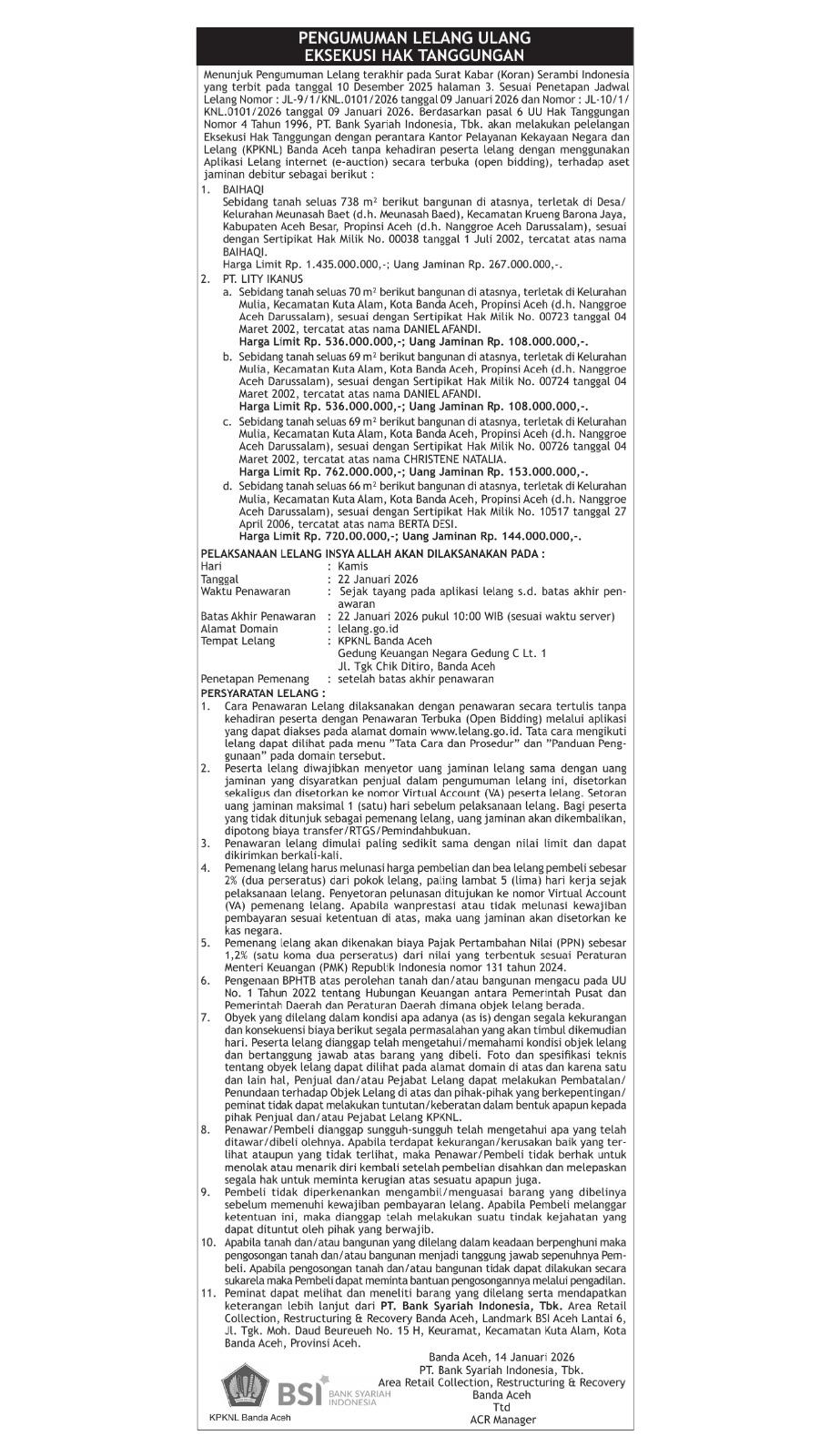 BSI Gelar Lelang Ulang Eksekusi Hak Tanggungan di Aceh Besar dan Banda ...