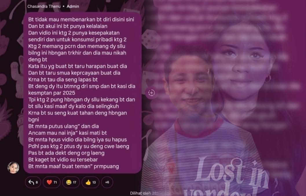 Ini Curahan Hati Chasandra Thenu: Beta Minta Maaf Buat Para Perempuan - Tribunambon.com