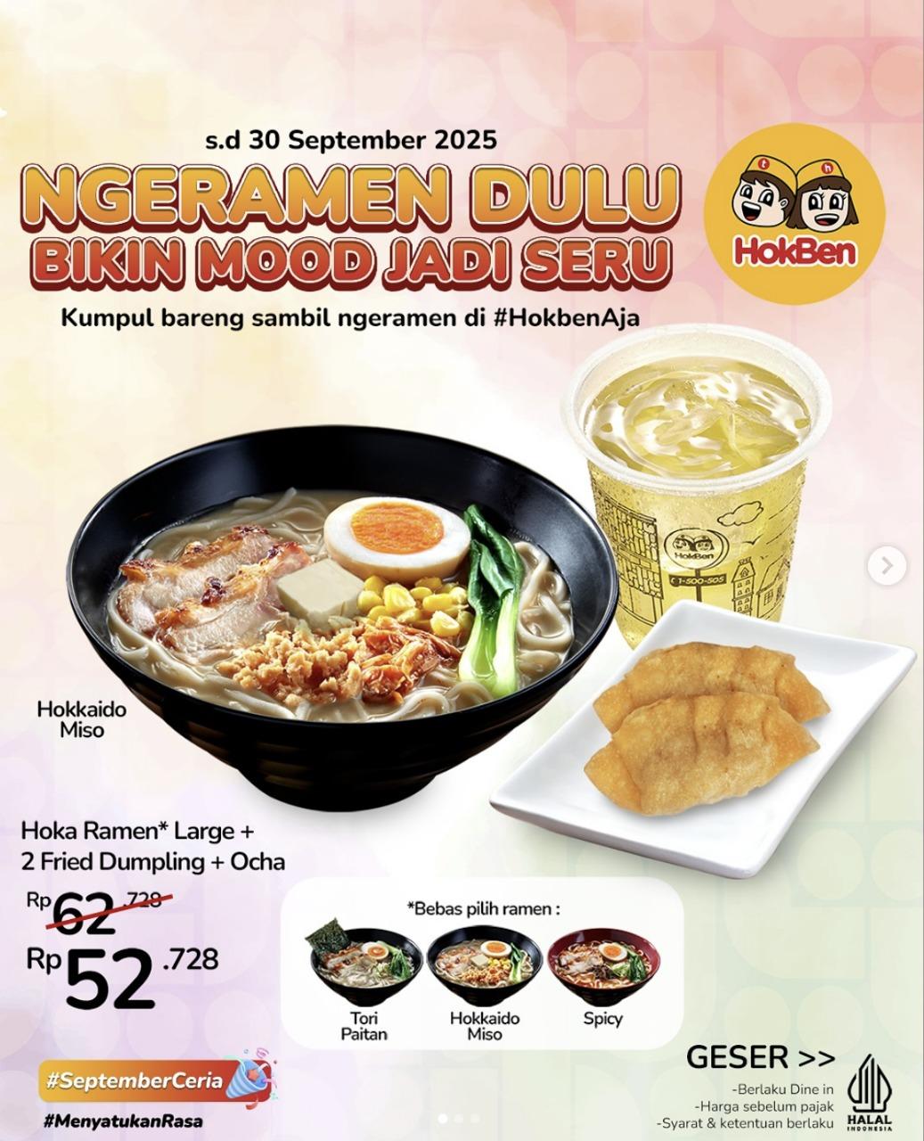 YUMMY! Promo HokBen 7-30 September 2025, Hoka Ramen Large + 2 Fried Dumpling + Ocha Rp 50 Ribuan ...