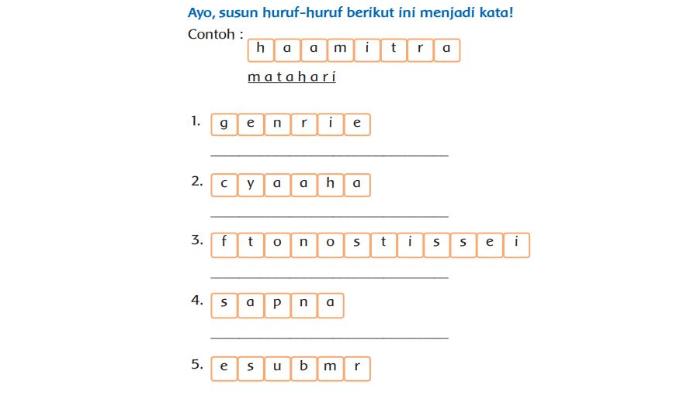 KUNCI JAWABAN Tema 6 Kelas 3 SD Halaman 14 - 15, Ayo, Susun Huruf-huruf ...