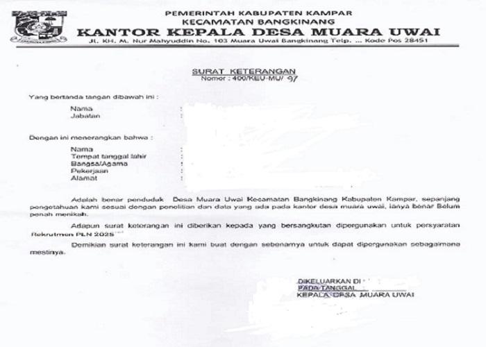 Contoh Surat Keterangan Belum Menikah untuk Rekrutmen PLN 2025, Berikut ...