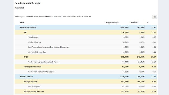 APBD Kepulauan Selayar Sulsel Juni 2025: Sudah Habiskan Rp 248,4 M ...