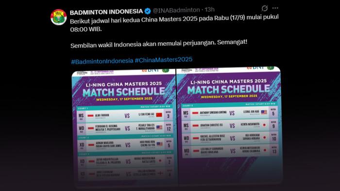 Jadwal Siaran Langsung China Masters 2025 Hari Ini 9 Wakil Indonesia Main, Ada Farhan, Ginting ...