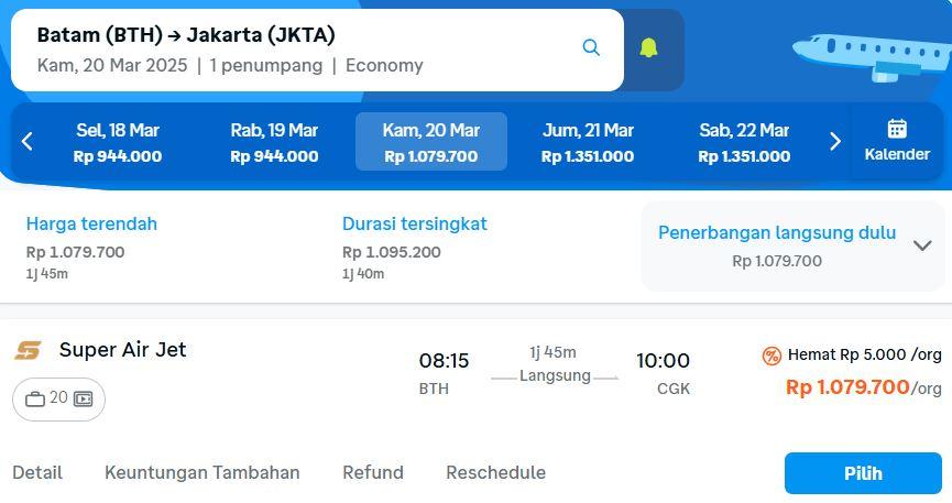 15 Harga Tiket Pesawat Batam - Jakarta Tanggal 20 Maret 2025, Cuma Rp 1 ...
