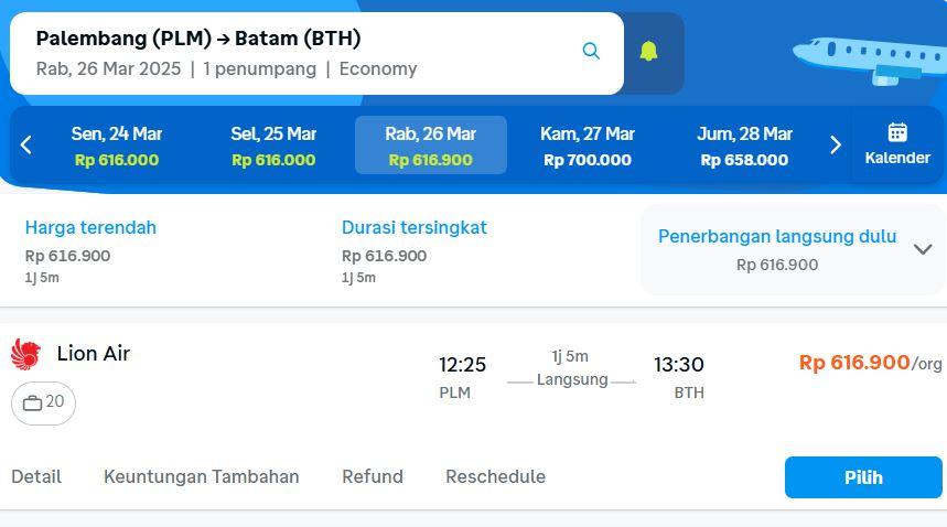 Harga Tiket Pesawat Palembang - Batam Tanggal 25 dan 26 Maret 2025 ...