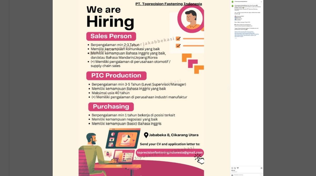 Lowongan Kerja Bekasi: PT Toprecision Fastening Indonesia Cari Sales ...