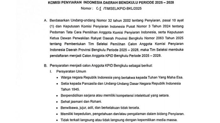 Seleksi KPID Bengkulu 2025-2028: Cek Syarat, Jadwal dan Cara Daftar di Sini! - Tribunbengkulu.com
