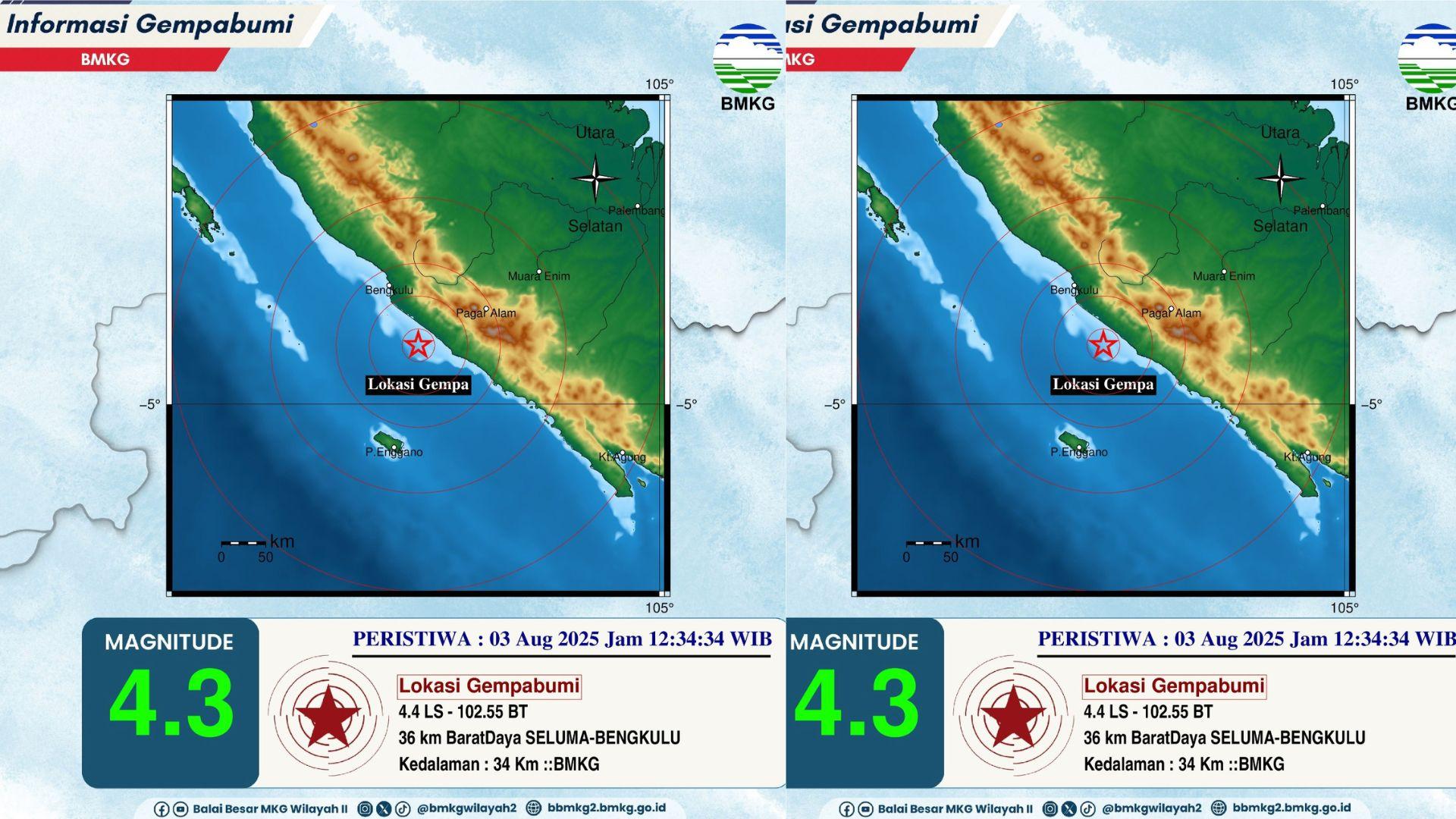 Gempa 4,3 M Guncang Bengkulu Hari Ini Tak Berpotensi Tsunami, BMKG Imbau Warga Tetap Tenang ...
