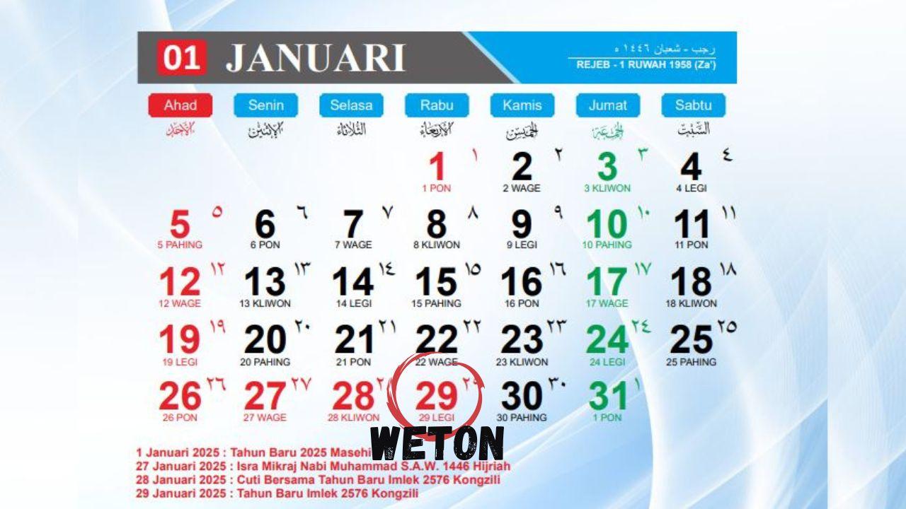 Kalender 2025 : Penanggalan Jawa Weton 29 Januari, Lengkap dengan Weton Jumat Kliwon 2025 ...