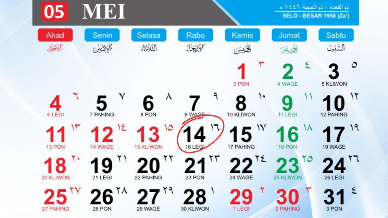 Kalender Mei 2025: Penanggalan Jawa Weton 14 Mei Rabu Pon, Neptu 13 dan ...