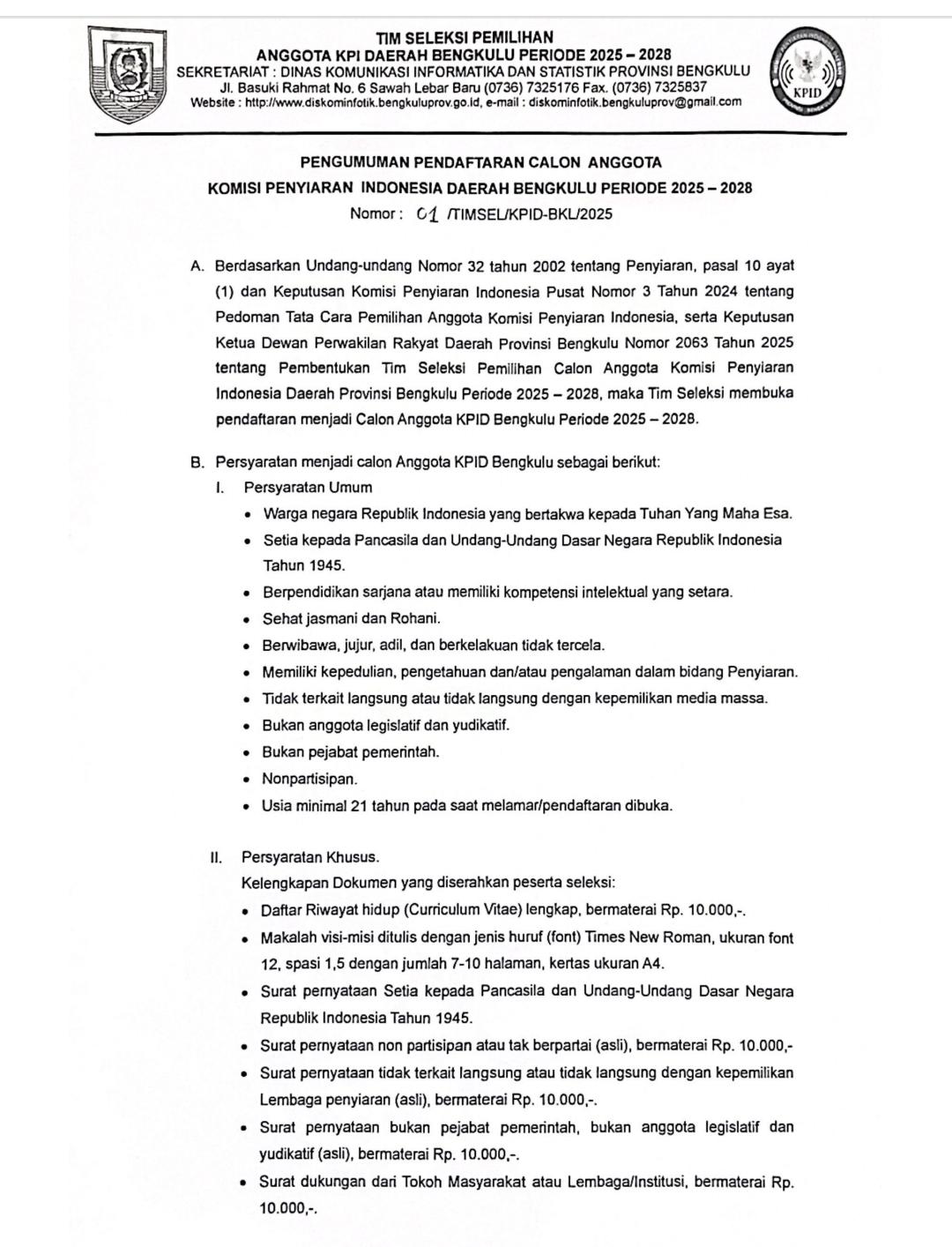 Seleksi KPID Bengkulu 2025-2028: Cek Syarat, Jadwal dan Cara Daftar di Sini! - Tribunbengkulu.com