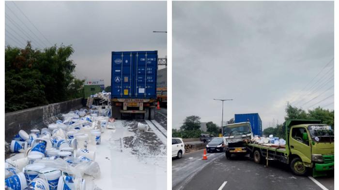Dua Truk Terlibat Kecelakaan di Tol Pluit Jakut Hari Ini, Muatan Cat ...