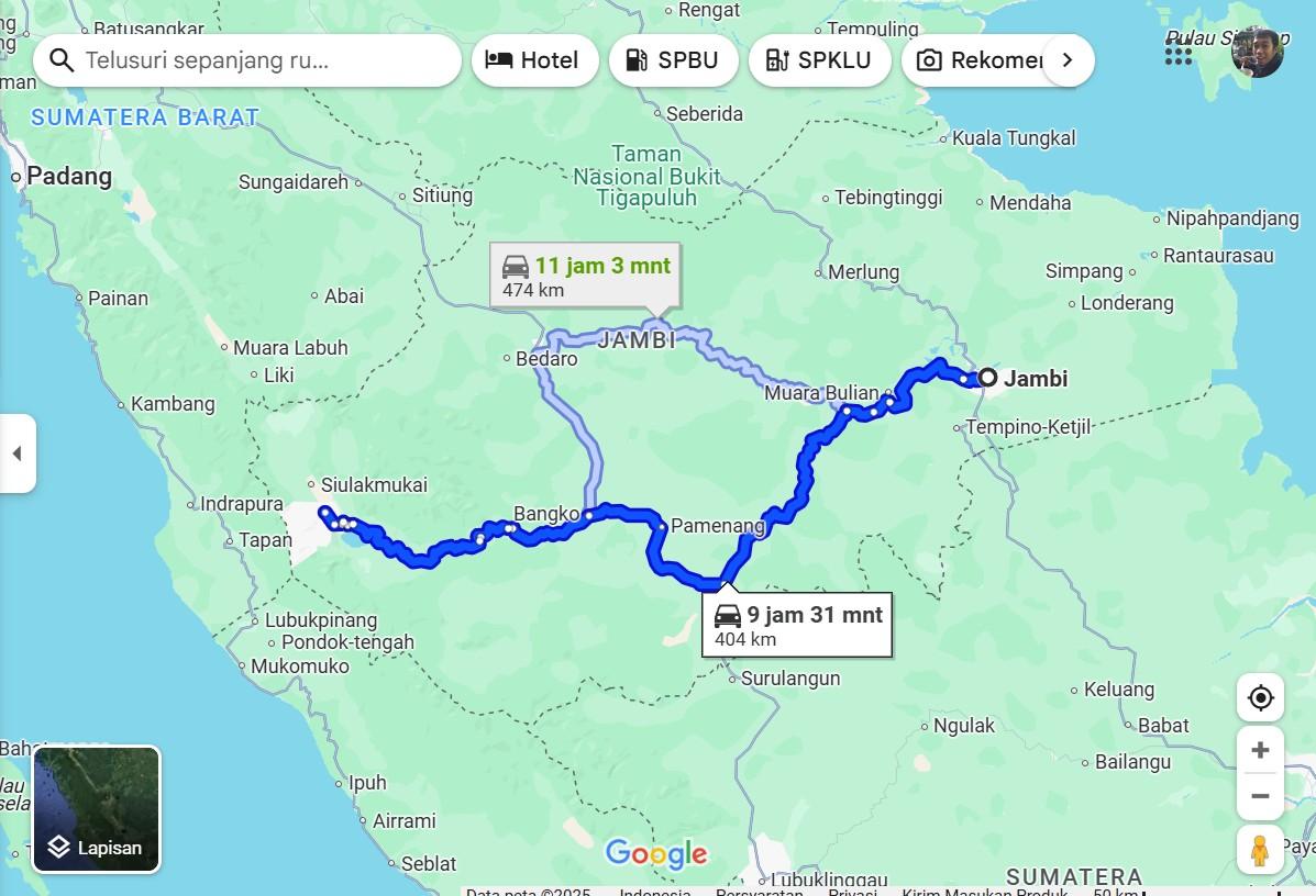 Jarak Jambi ke Sungai Penuh di Google Maps 410 Km, Rute Mobil Butuh 9,5 ...