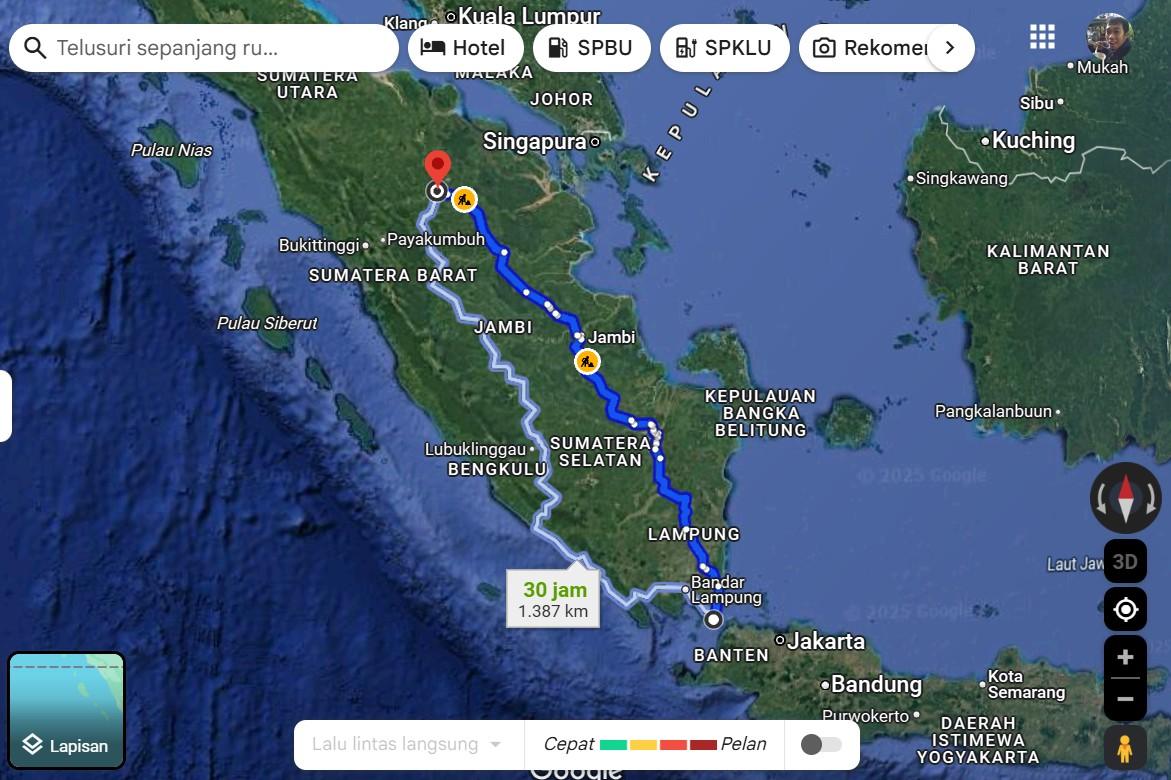 Jarak Lampung-Pekanbaru di Google Maps 1.152 Km, Rute Mobil 21 Jam ...