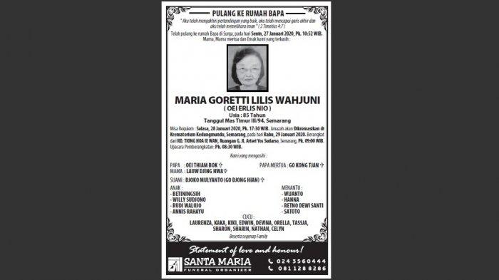 Berita Duka, Maria Goretti Lilis Wahjuni (Oei Erlis Nio) Meninggal ...