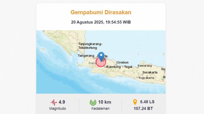 Info Gempa Bekasi Rabu 20 Agustus 2025 Pukul 19:54 WIB Kekuatan 4,9M Pusat di Darat ...