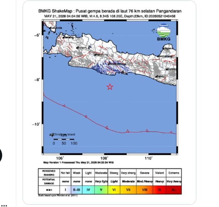 Gempa Magnitudo 4.6 Pangandaran Jawa Barat, BMKG: Terasa di Tasikmalaya ...