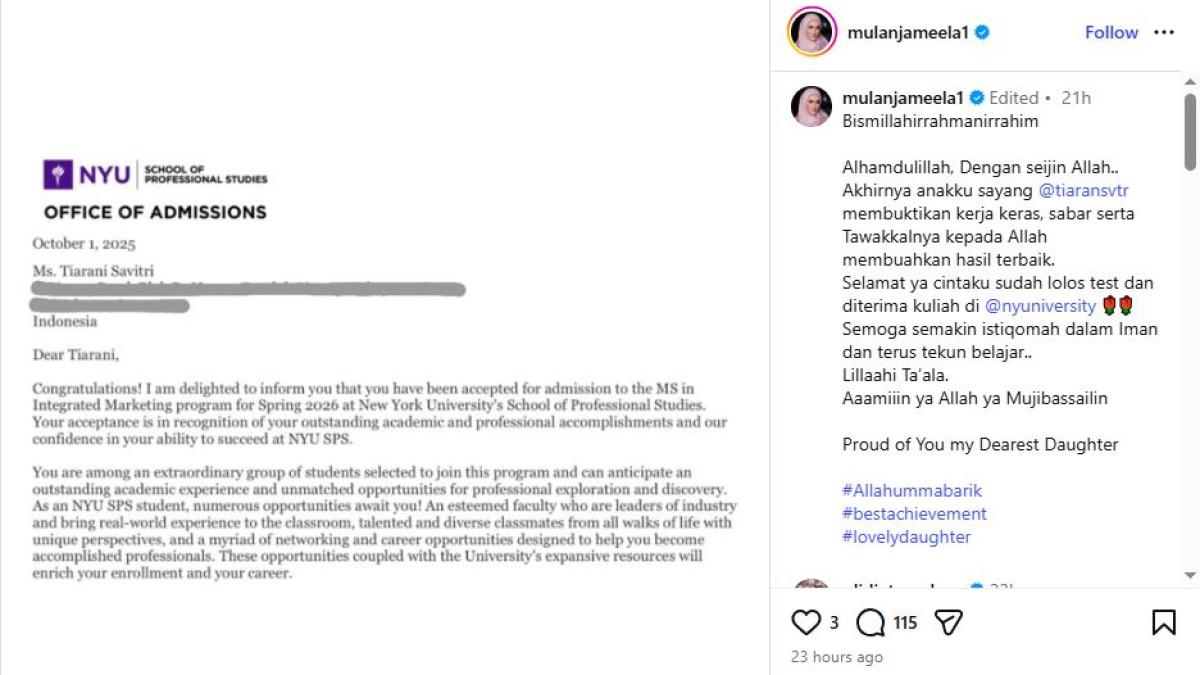 Kerja Keras Membuahkan Hasil, Mulan Jameela Bangga Anak Diterima S2 di ...