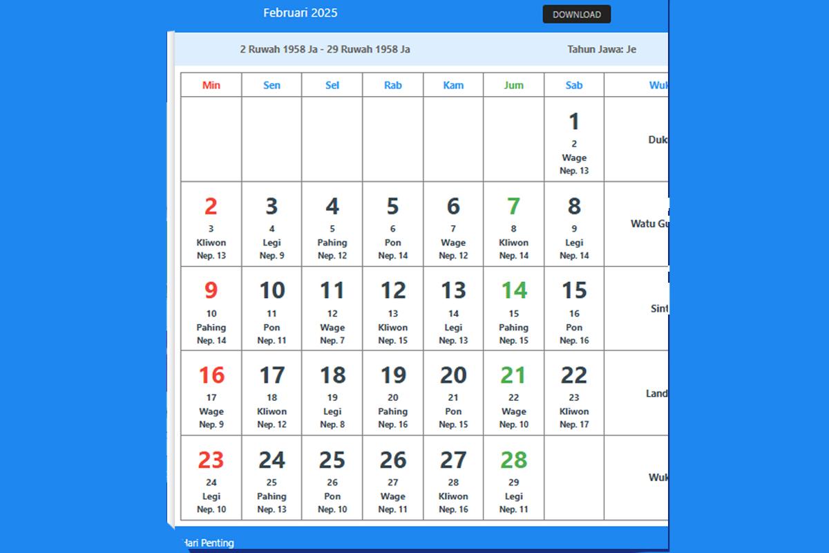 Kalender Jawa Februari 2025 Lengkap dengan Weton dan Neptu, Cocok untuk ...