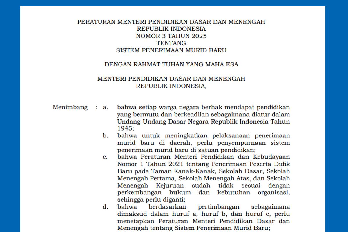 LINK PDF Permendikdasmen No 3 Tahun 2025, Isi Juknis SPMB 2025 Jenjang ...