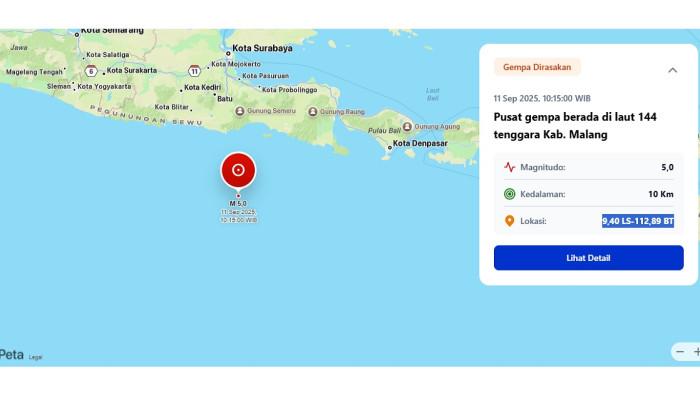 Gempa M 5,0 Guncang Selatan Malang, BMKG: Terasa hingga Blitar - TribunNews.com