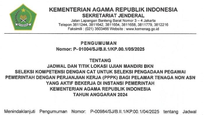 Kemenag Umumkan Jadwal dan Tilok Mandiri Ujian CAT PPPK 2024 Tahap 2, Berlangsung Mulai 5 Mei ...