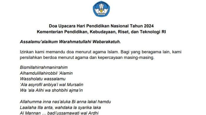 Naskah Doa Upacara Hari Pendidikan Nasional Tahun 2024, Disertai Link Download PDF - TribunNews.com