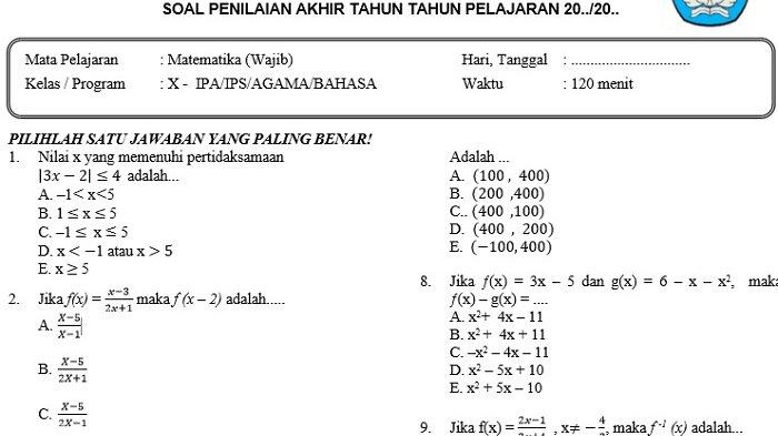 30 Soal PAT Matematika Kelas 10 SMA Semester 2, Beserta Kunci Jawaban PAS, UAS - TribunNews.com