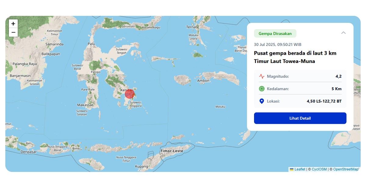 Gempa M 4,2 Guncang Sulawesi Tenggara Pagi Ini, BMKG: Pusat Gempa di Laut - Halaman all ...