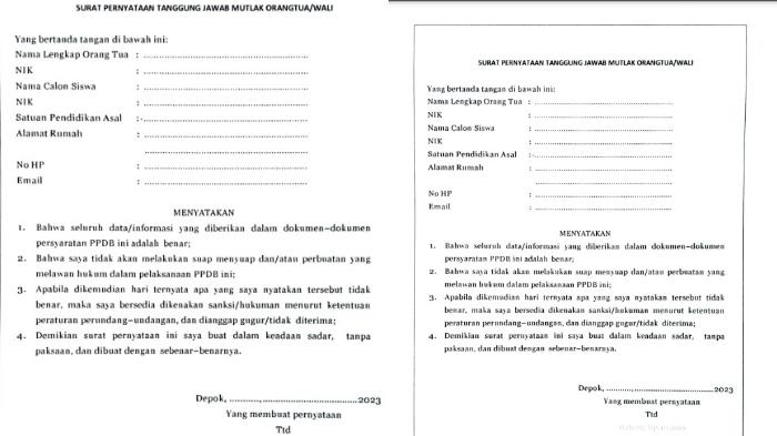 Contoh Surat SPTJM untuk Daftar Ulang PPDB SMP Depok 2023 Jalur Zonasi - TribunNews.com