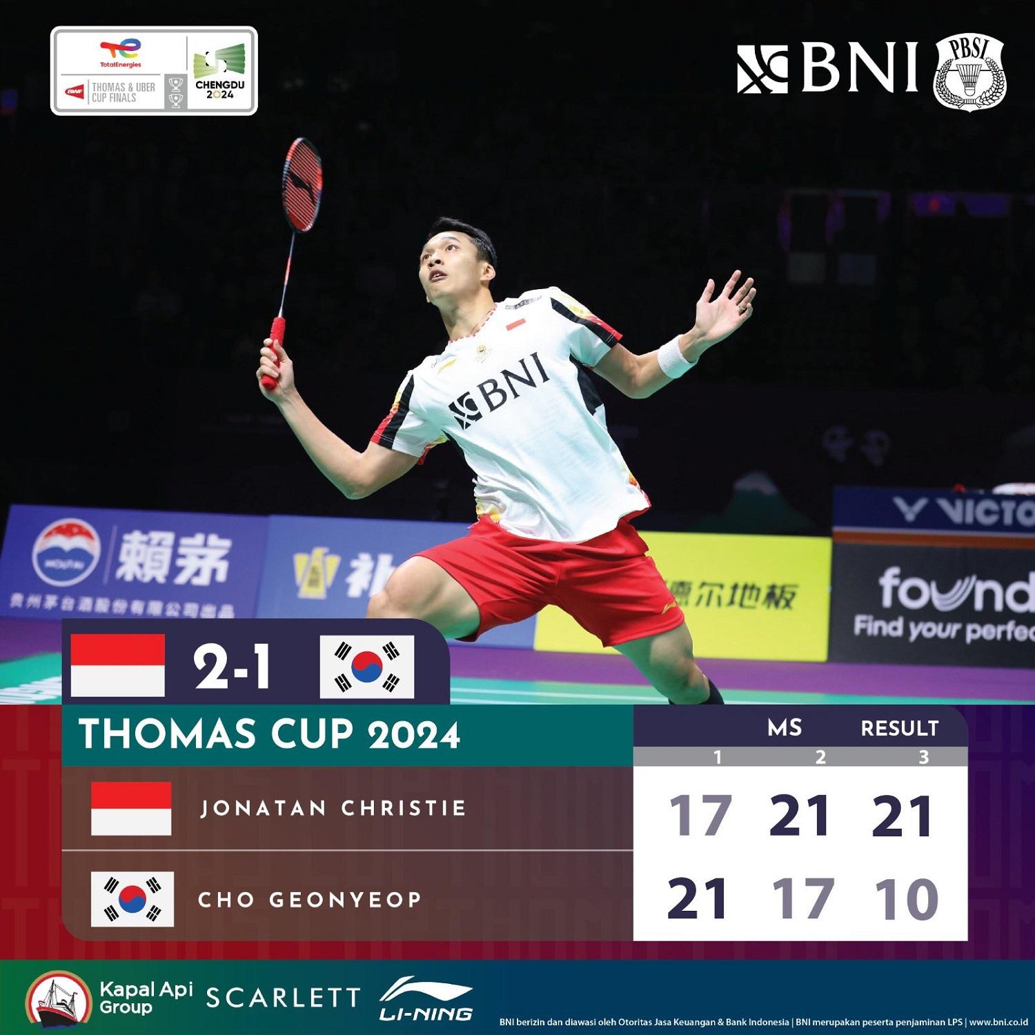 Thomas Cup 2024: Jonatan Christie Taklukkan Cho Geon-yeop, Indonesia 2 ...